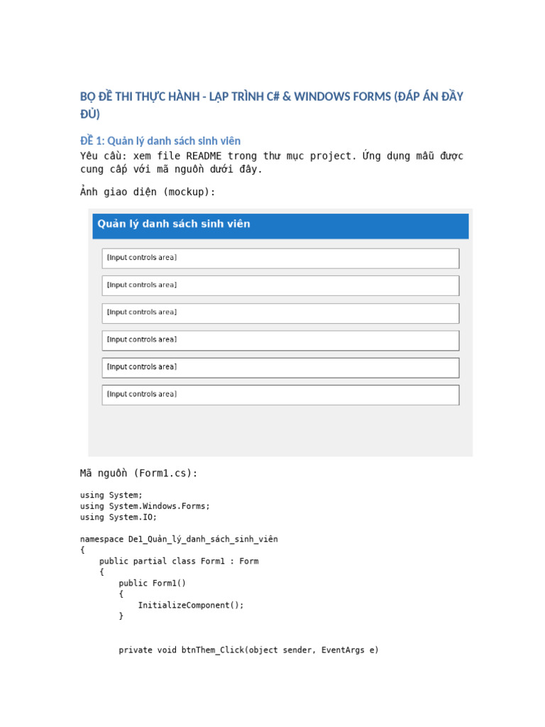Bo de Thi CSharp WinForms DapAn Full | PDF