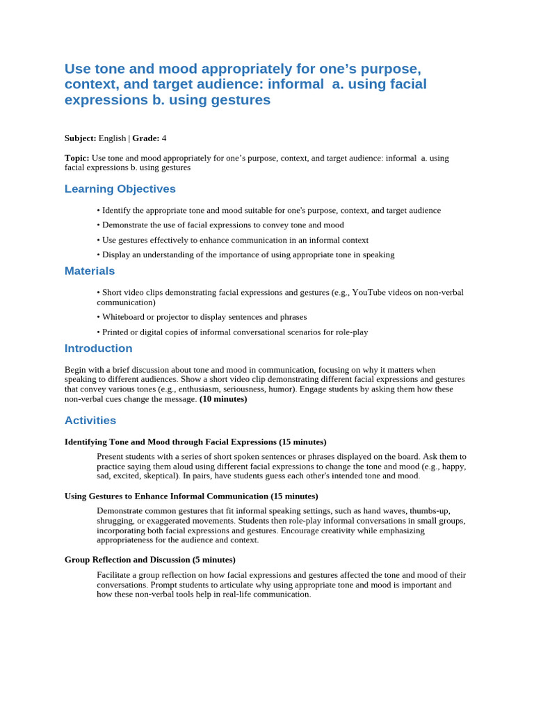 Use Tone and Mood Appropriately For One's Purpose, Context, and Target ...
