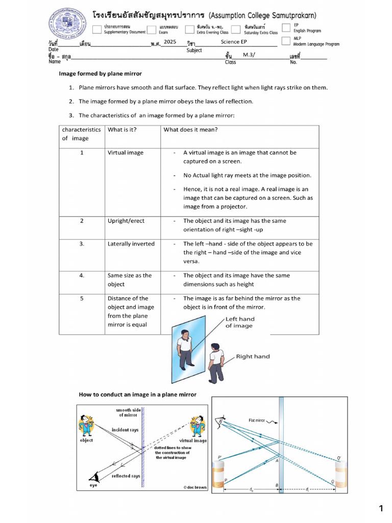 M3.Physic - Plane Mirrors.t1.Final | PDF