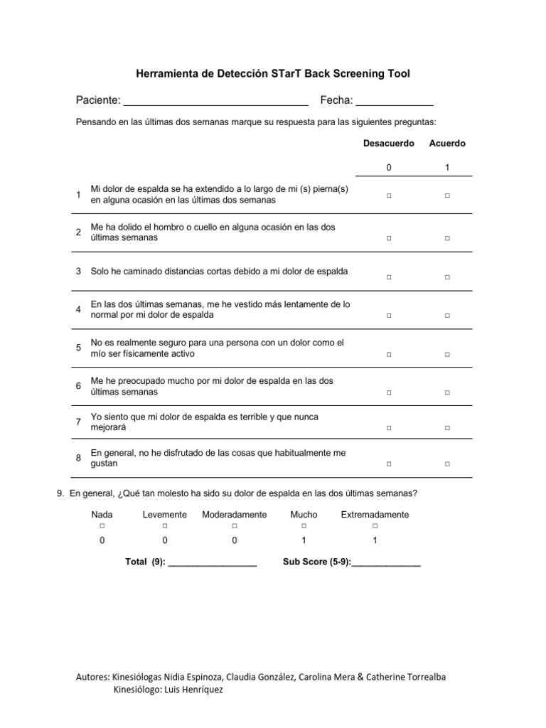 STart Back Screening Tool | PDF | Sensación