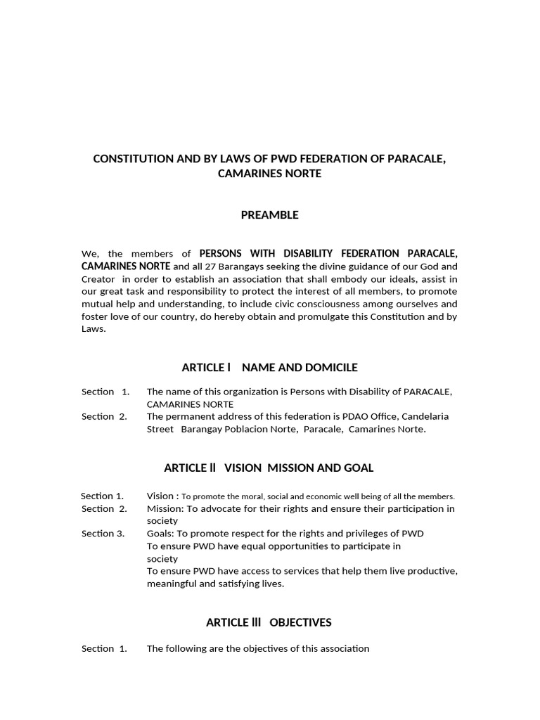 Constitution of PWD Federation Paracale | PDF | Presidents Of The ...