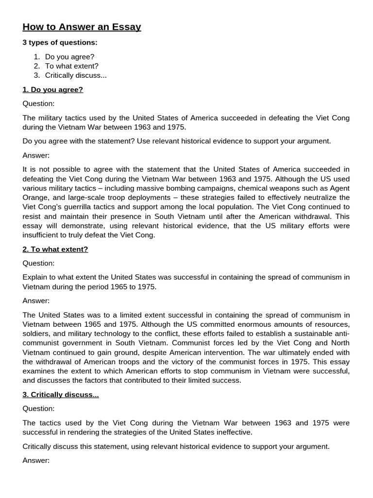 Vietnam War Essay Question Guide | PDF | Vietnam War | Viet Cong