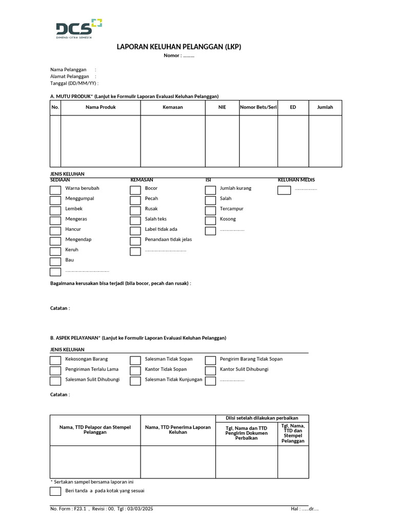 Formulir Laporan Keluhan Pelanggan | PDF