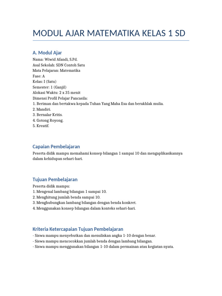 Modul Ajar Matematika Kelas 1 SD | PDF