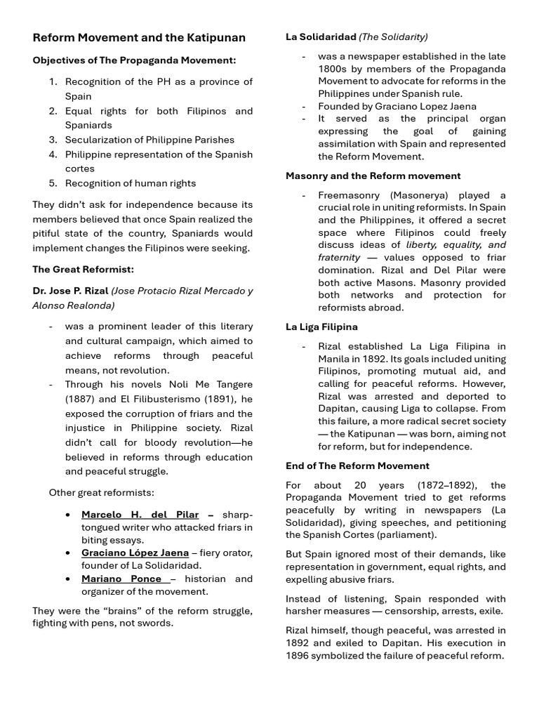 Reform Movement and Katipunan Overview | PDF | Spanish East Indies ...
