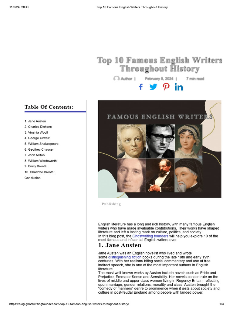 Top 10 Famous English Writers | PDF | English Literature | William ...