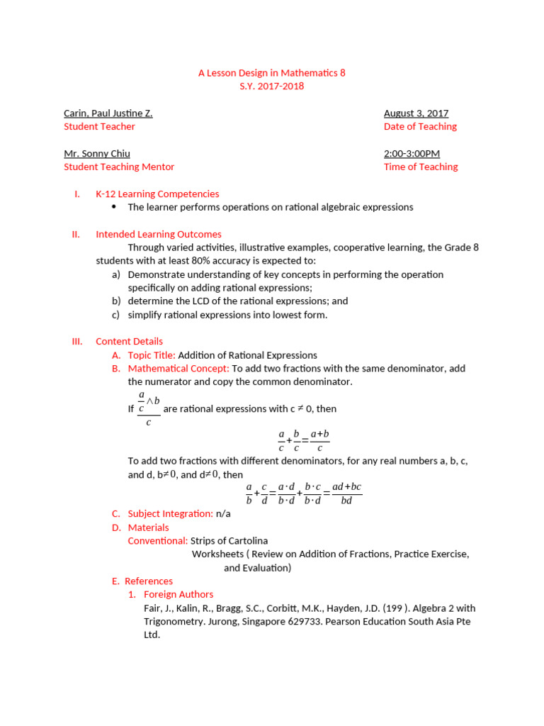 Addition of Rational Expressions Lesson | PDF | Mathematics ...