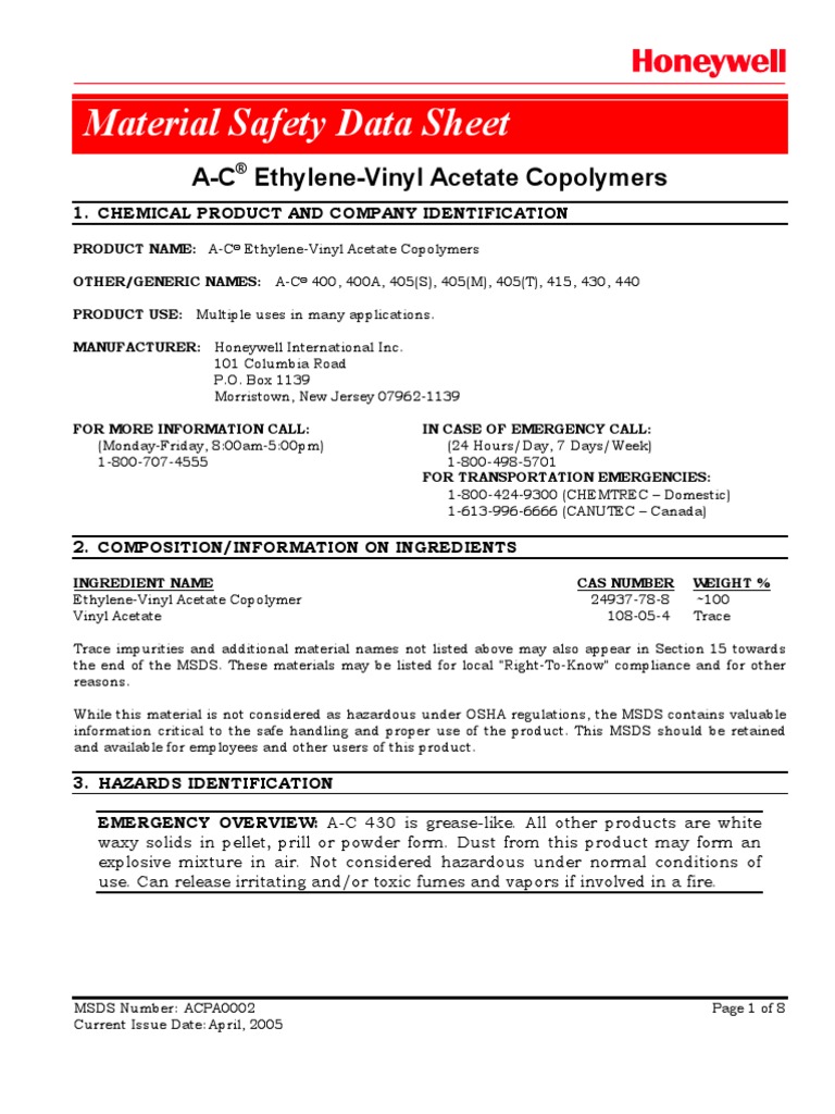 Eva MSDS | PDF | Resource Conservation And Recovery Act | Personal ...