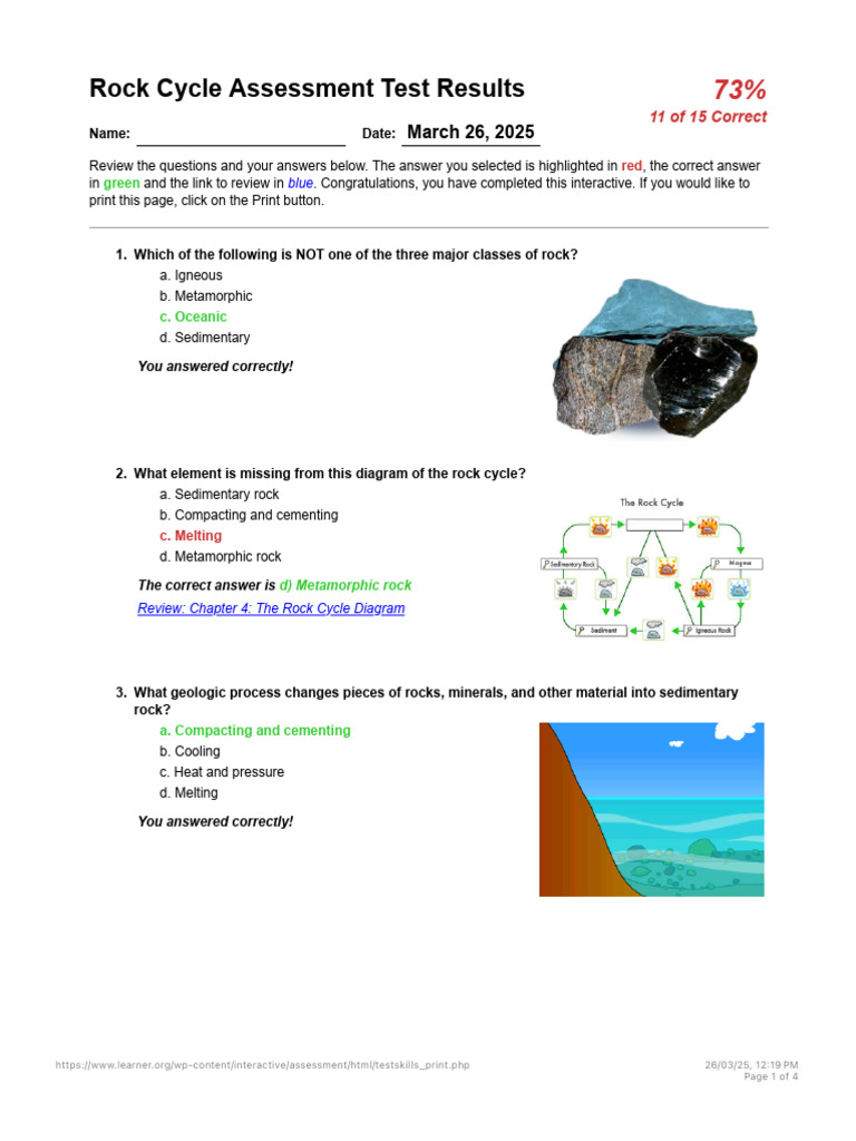 Rock Cycle Assessment Results | PDF | Rock (Geology) | Igneous Rock