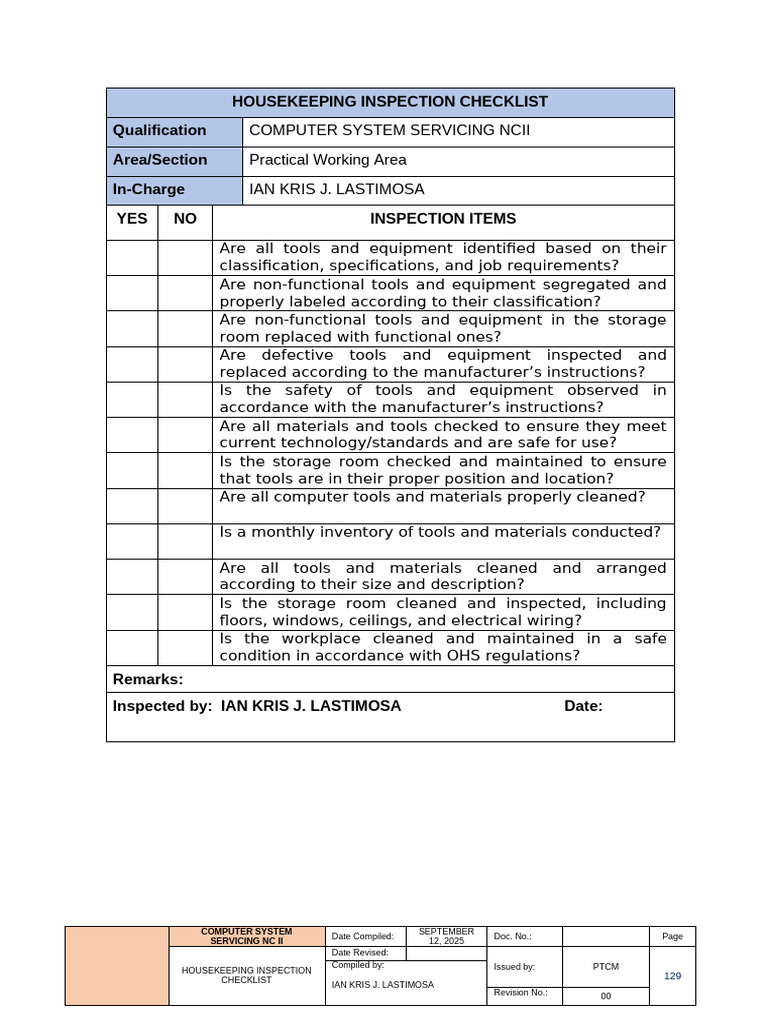 Housekeeping Inspection Checklist NC II | PDF | Housekeeping