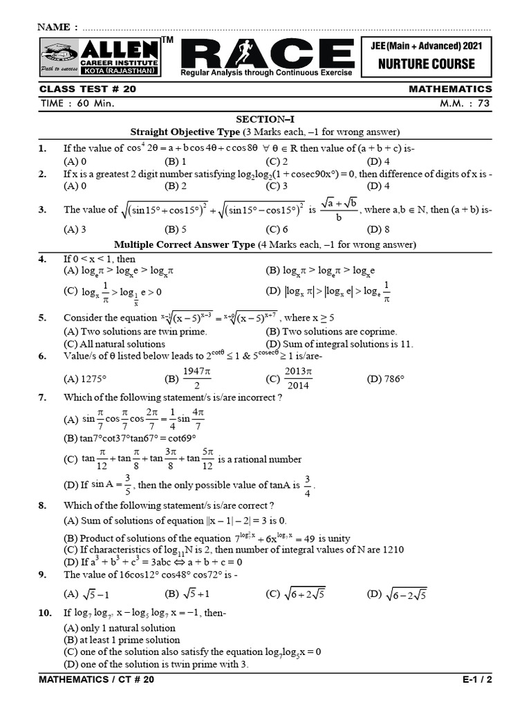 20 Class Test (N-TOPS, TNPS, Top1,2 & tnp1) | PDF | Mathematical ...