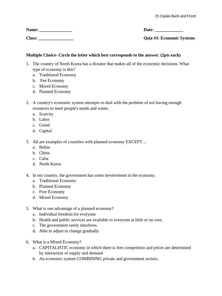 Quiz 3 Types of Economy | PDF
