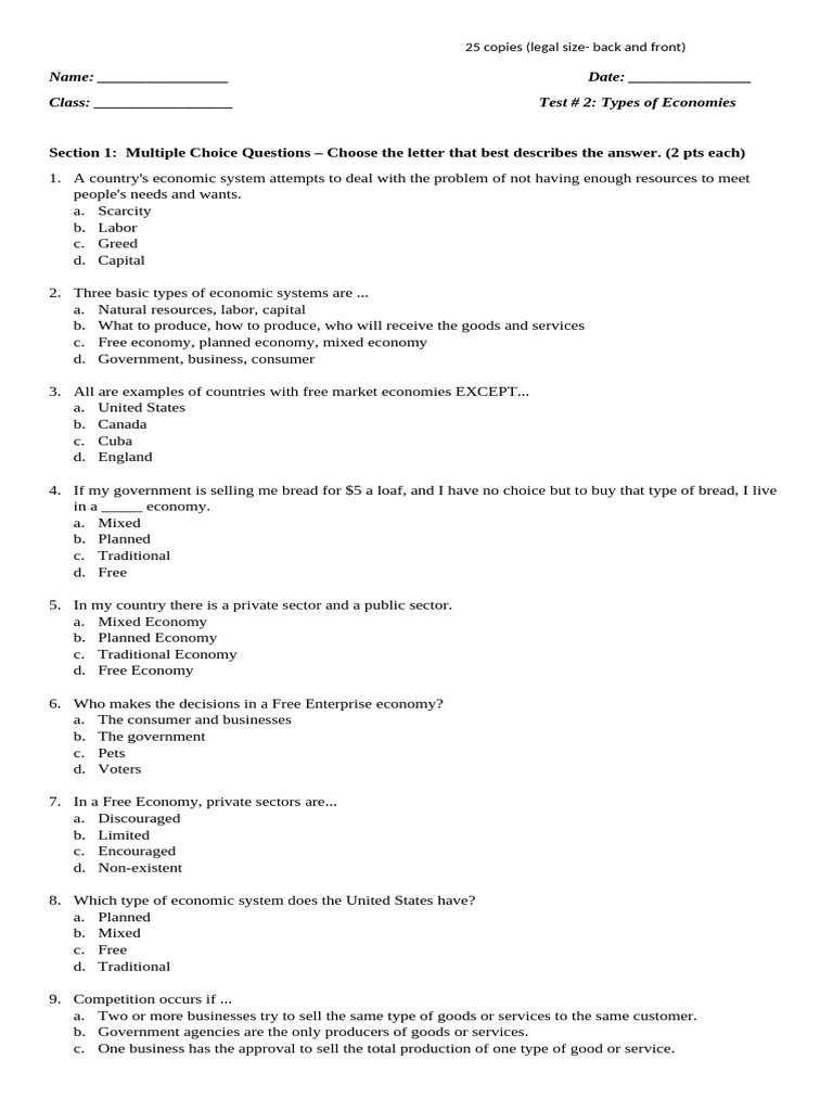 Types of Economic Systems Test | PDF | Market Economy | Economic System