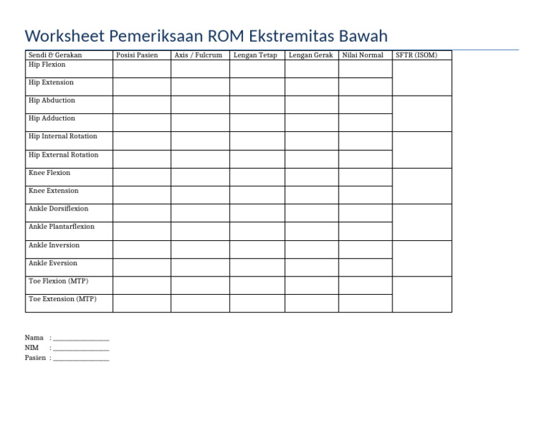 ROM Assessment Worksheet for Lower Extremities | PDF