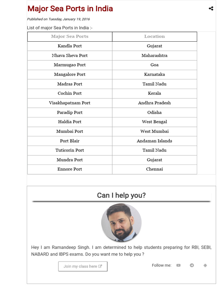 Major Sea Ports in India List | PDF