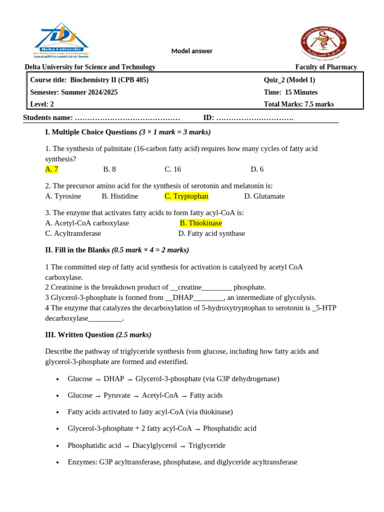 Biochemistry II Quiz 2: Fatty Acids & Hormones | PDF | Biosynthesis ...