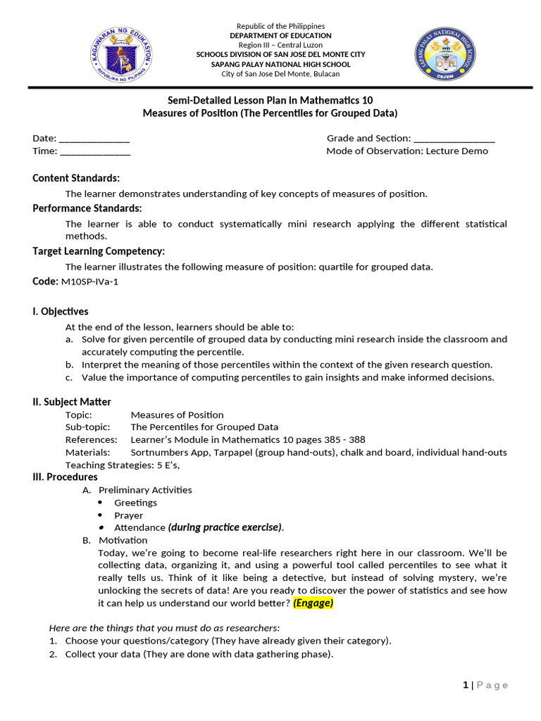 Percentiles for Grouped Data Lesson Plan | PDF | Learning | Percentile