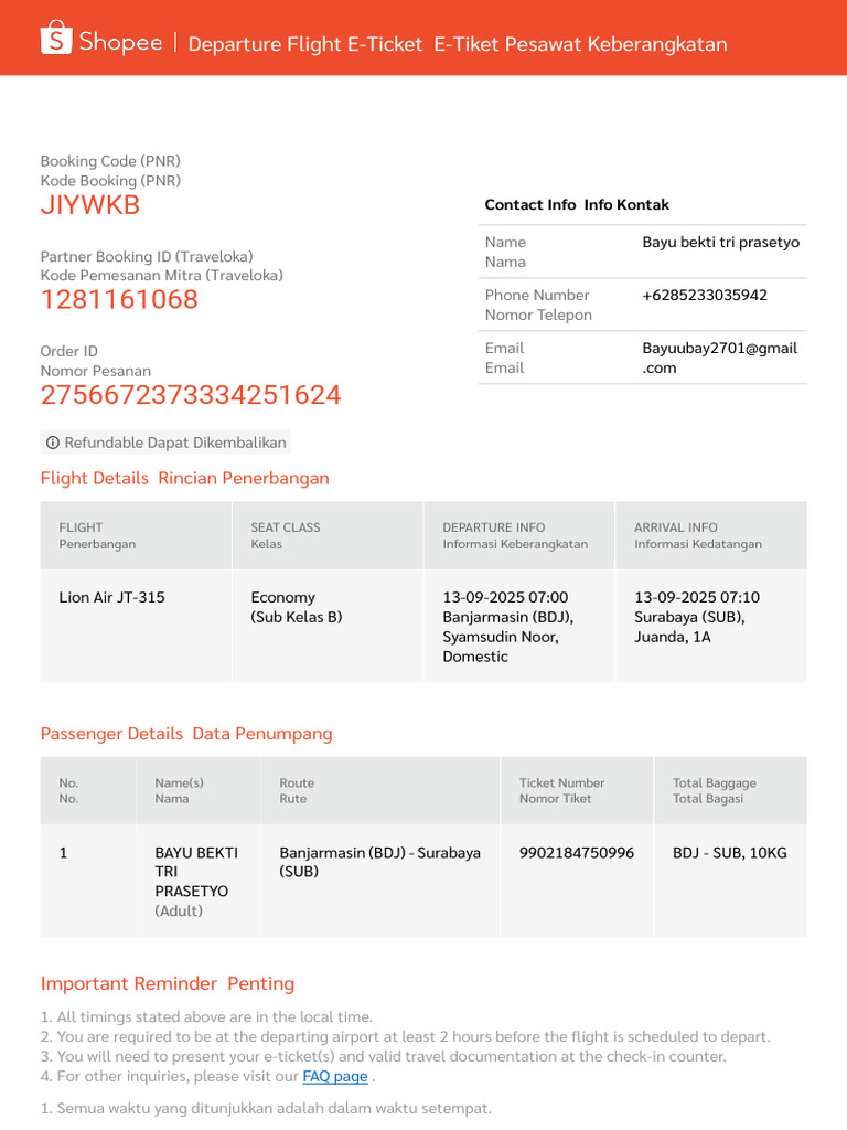 E-Tiket Penerbangan Bayu Prasetyo | PDF