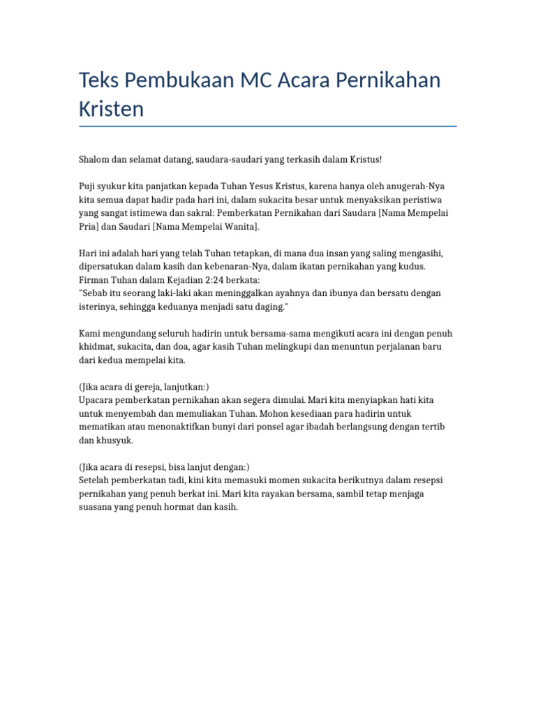 Teks Pembukaan MC Pernikahan Kristen | PDF