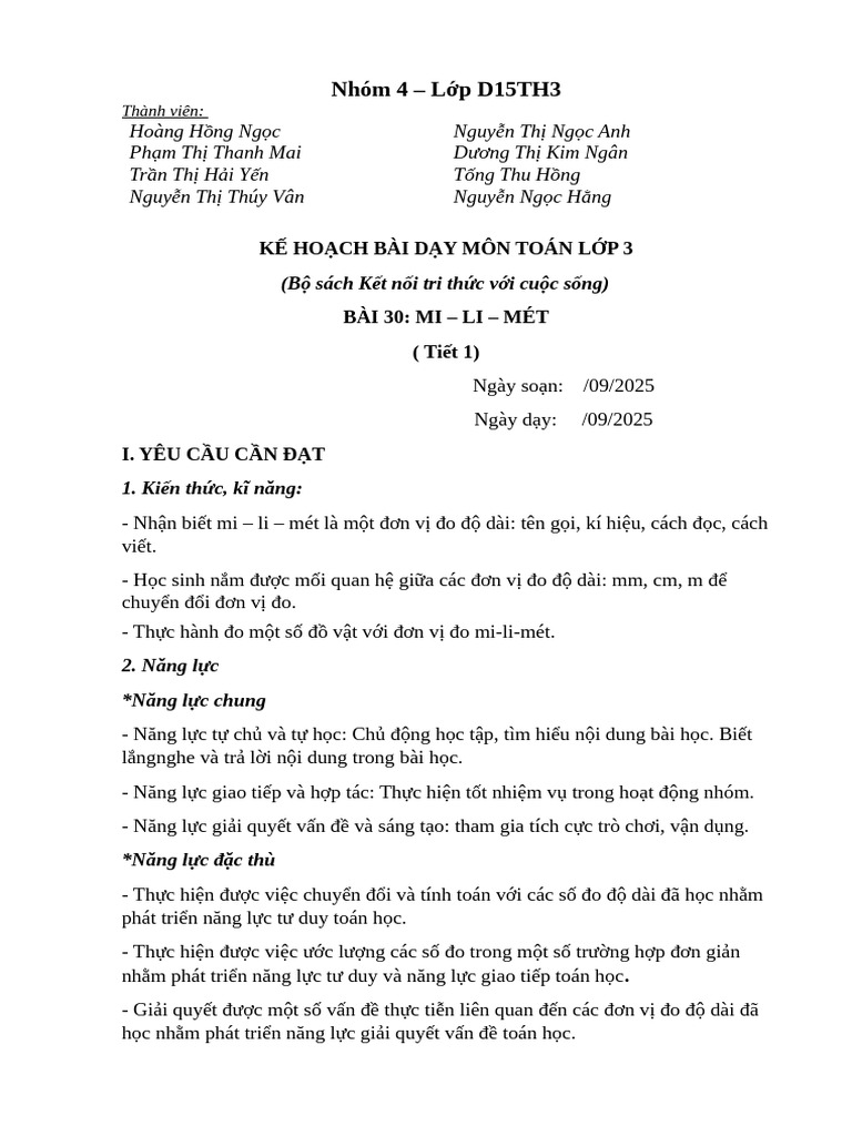 Bản Sao Nhóm 4 - D15TH3 - TH PPDH Toán Ở TH Bài Mi-Li-Mét | PDF