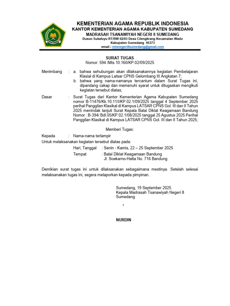 Surat Tugas Peserta Klasikal Latsar CPNS Gelombang III Angkatan 7 2025 ...