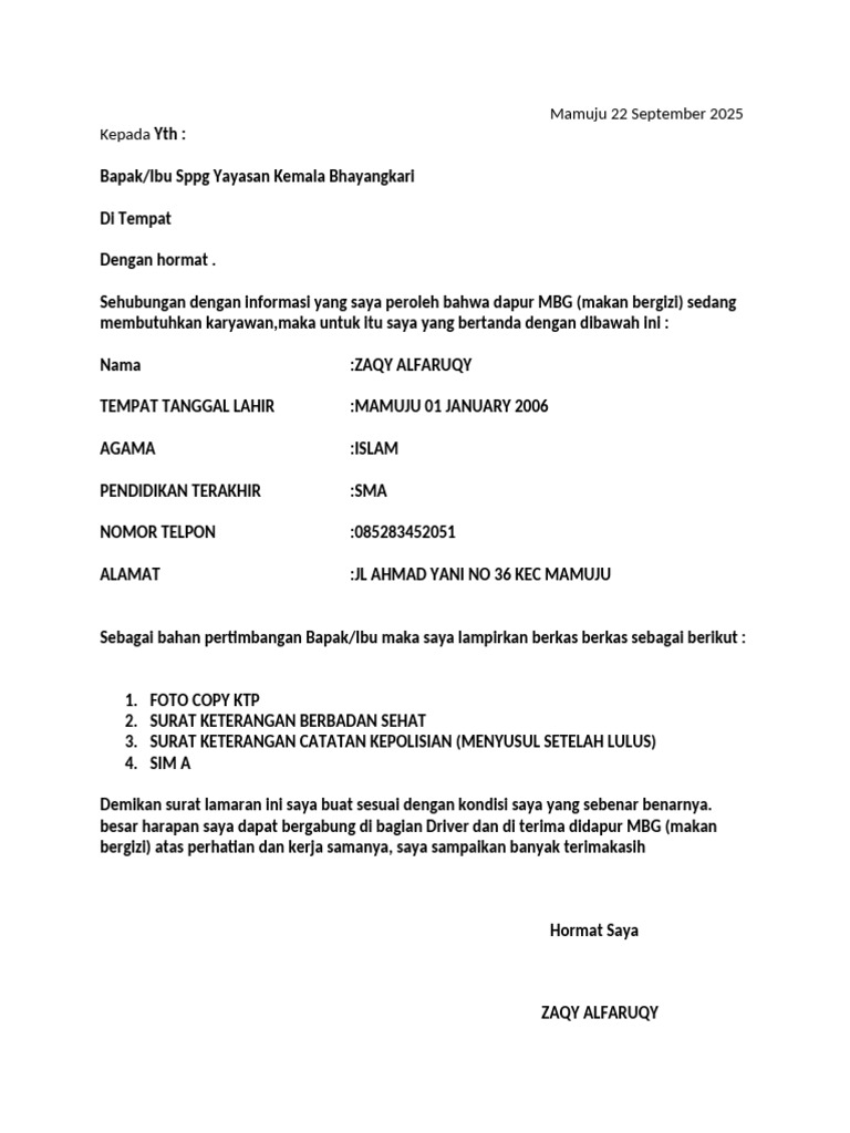 Surat Lamaran Kerja Driver di MBG | PDF