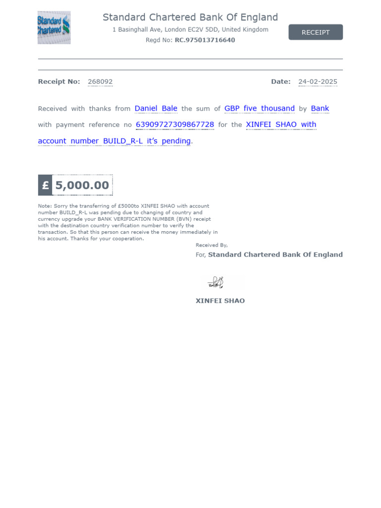 Pending £5000 Transfer Receipt | PDF