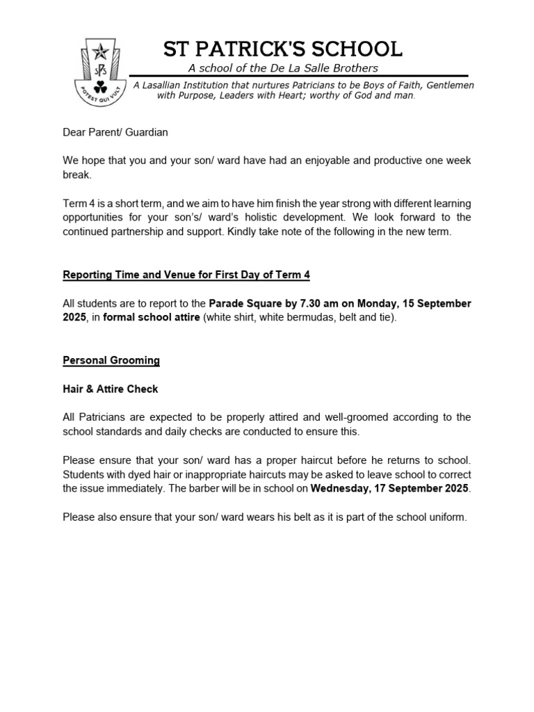 (Sec 2) Welcome Back Letter To Parents - Term 4 | PDF