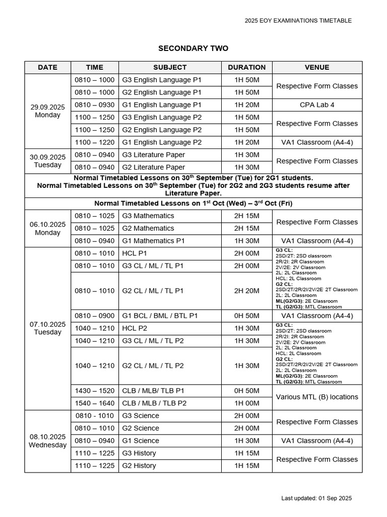 s2 Eoy Schedule | PDF