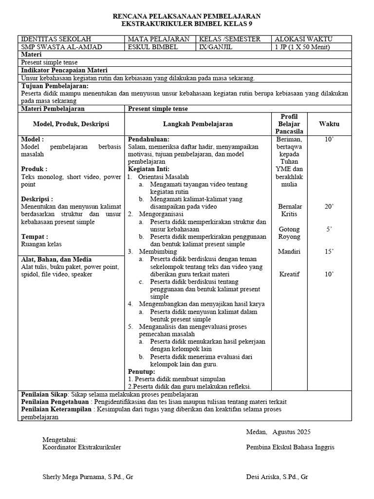 RPP Ekstrakurikuler Bimbel Kelas 9 | PDF
