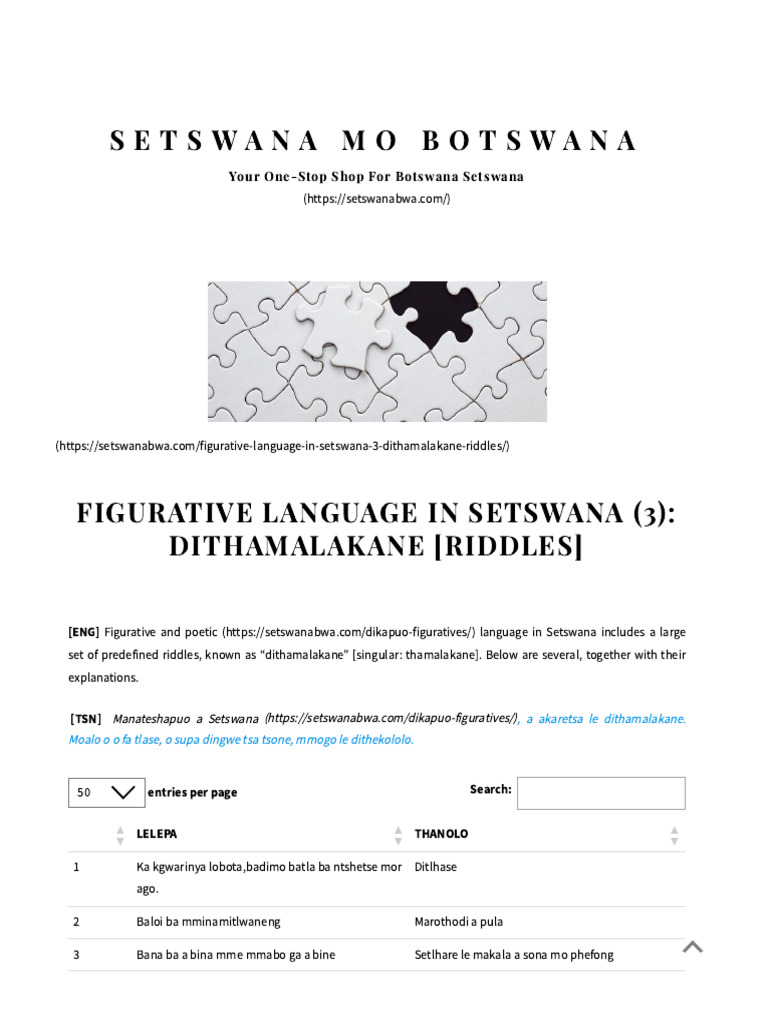 Dithamalakane: Setswana Riddles Explained | PDF | Languages Of Africa