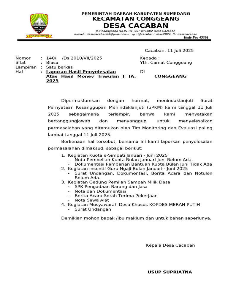Contoh Formulir 4 Surat LHP Kades Cek Dini S-1 2025 | PDF