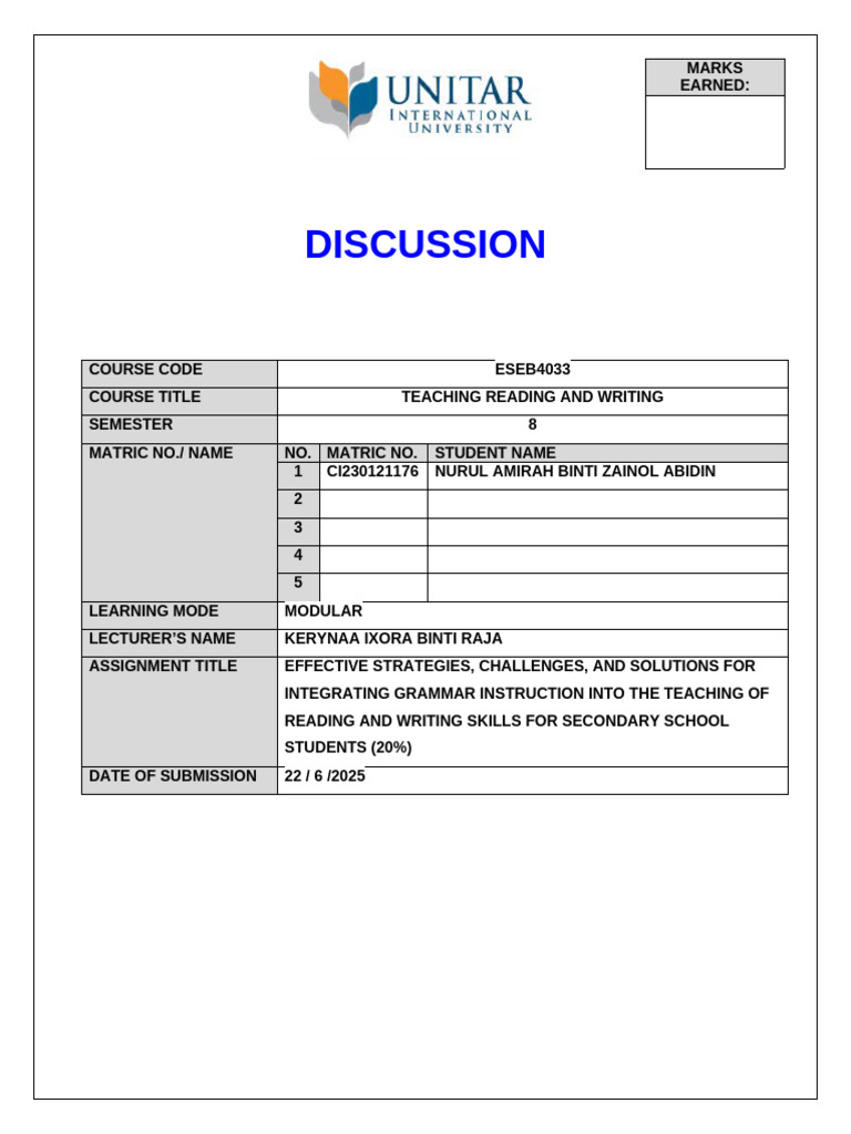 Updated Grammar Discussion | PDF | Literacy | Reading Comprehension