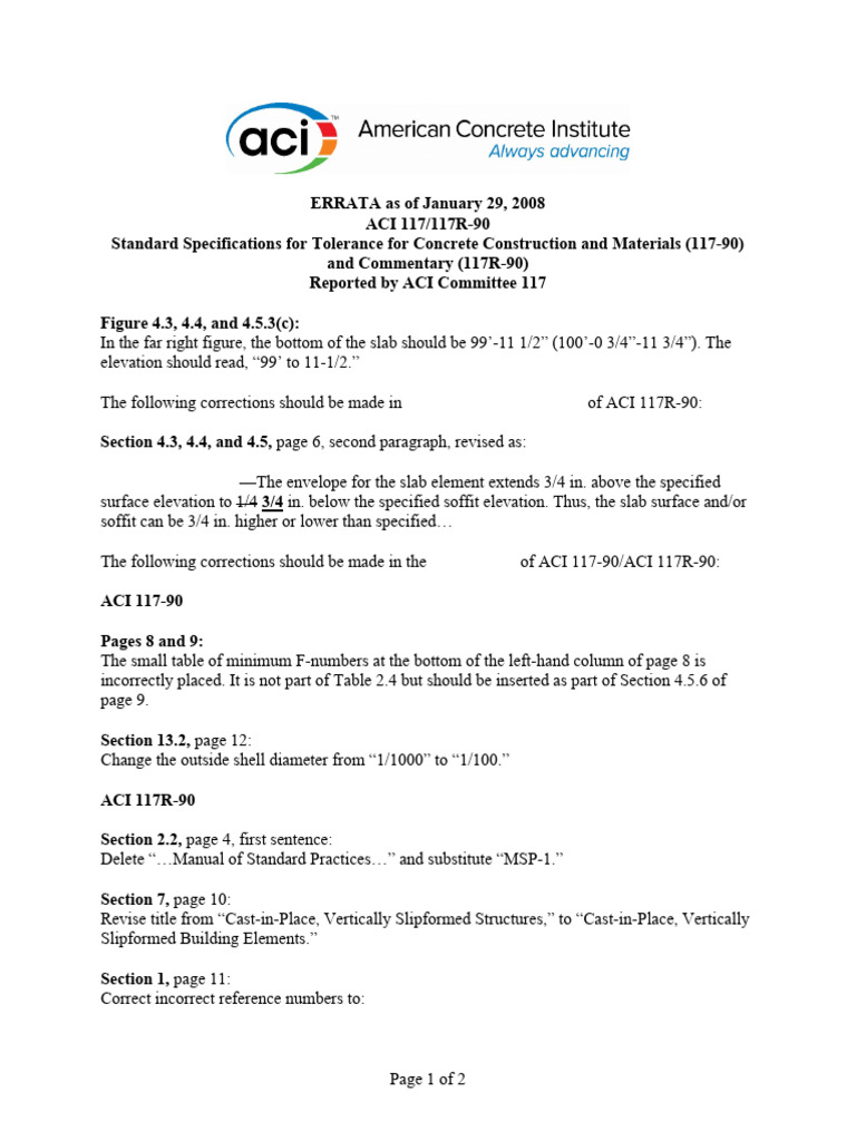 ACI 117-90 Errata Corrections | PDF