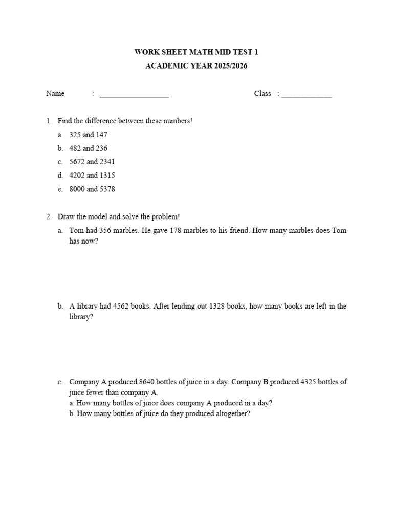 Math Mid Test Worksheet 2025/2026 | PDF