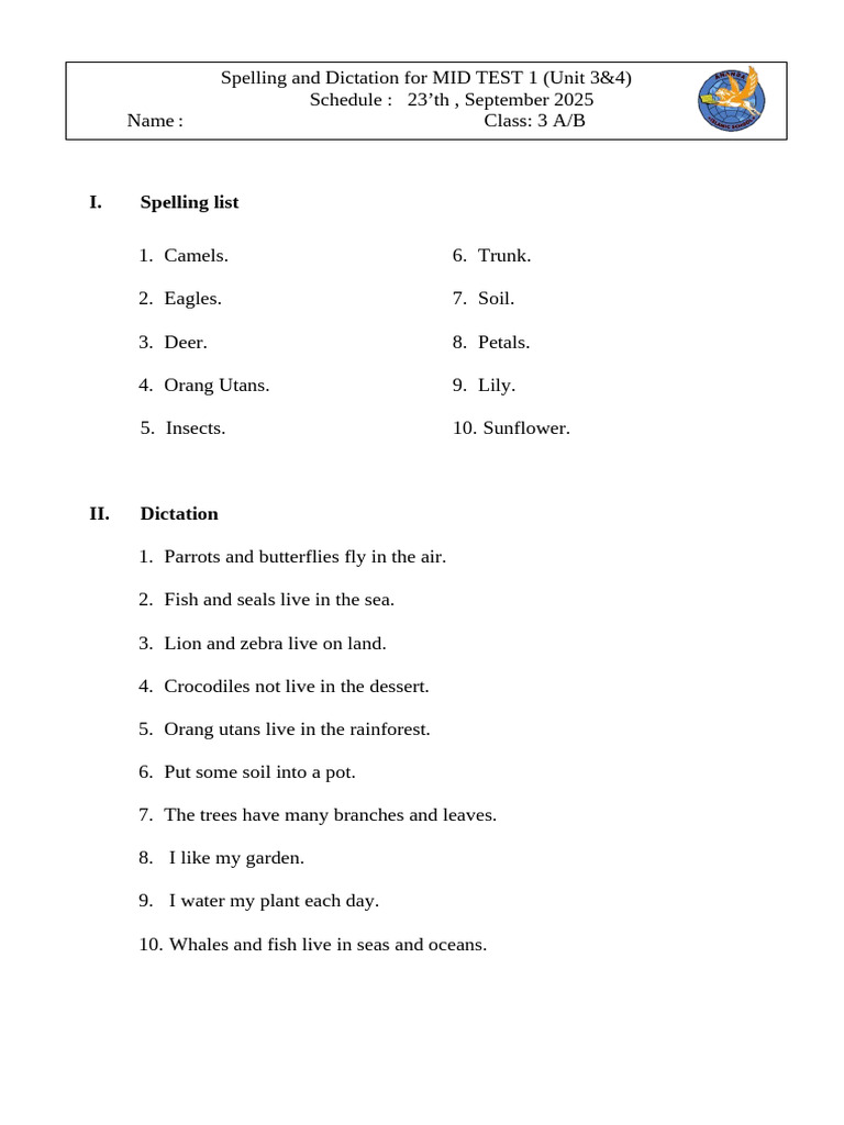 Spelling and Dictation List for Mid Test | PDF
