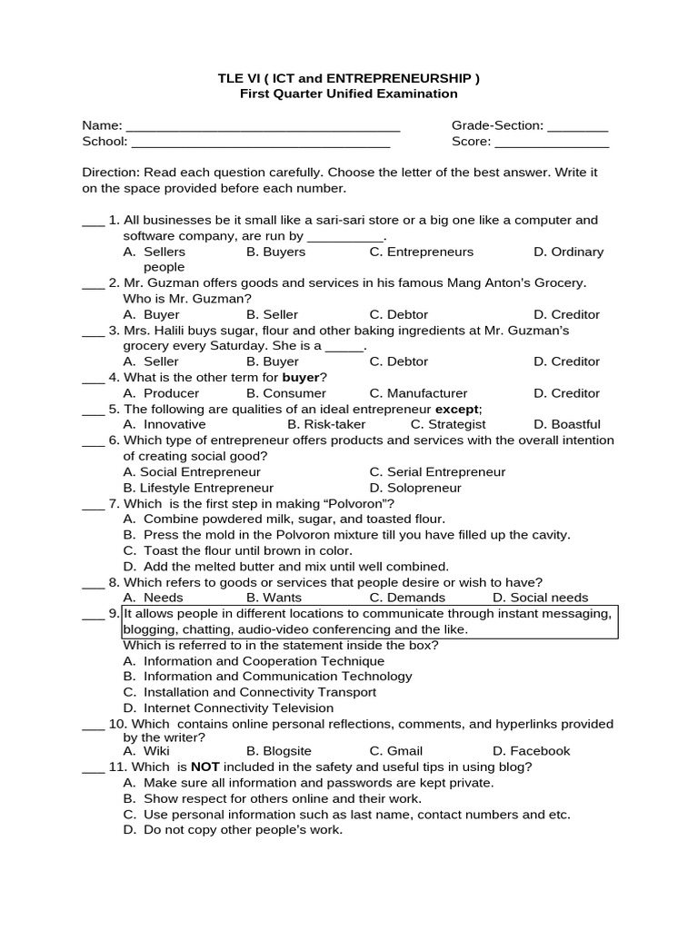TLE-6 1st Quarter Unified Examination | PDF | Computer File | Blog