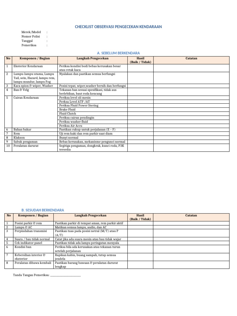 Checklist Pengecekan Kendaraan Lengkap | PDF