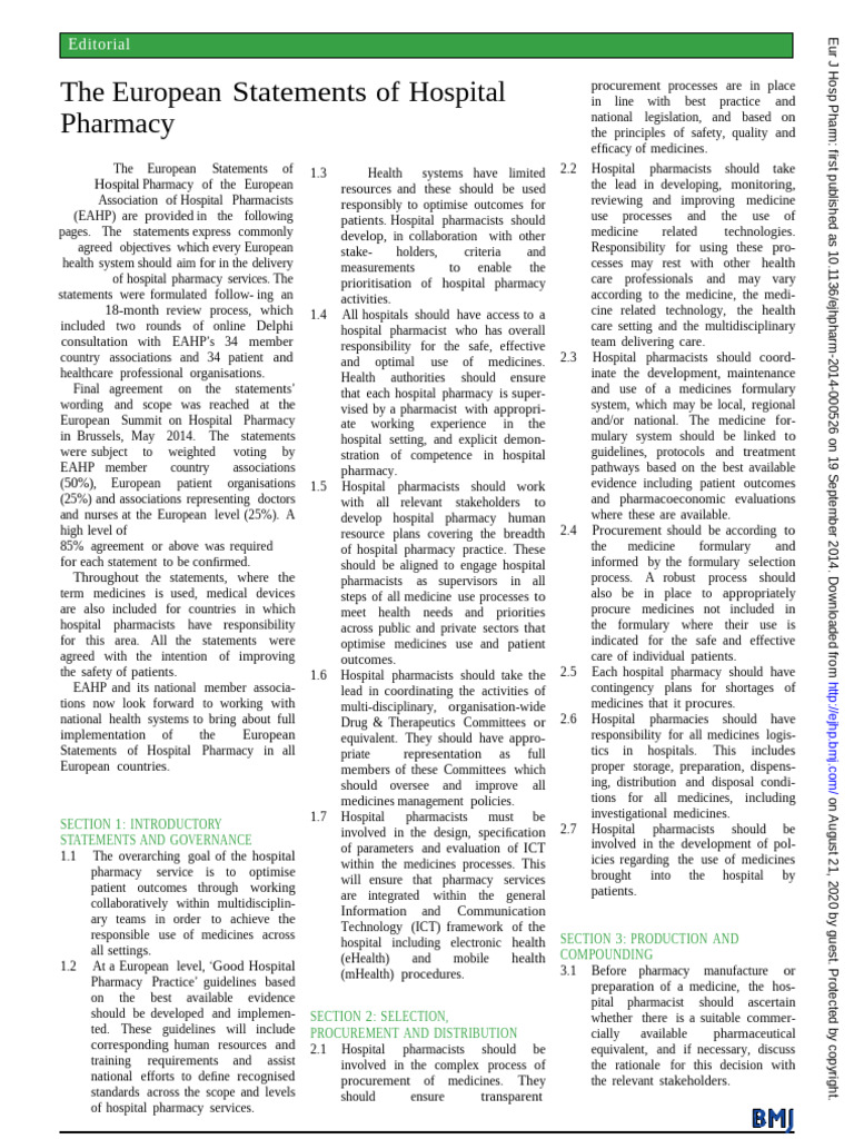 The European Statements of Hospital Pharmacy | PDF | Pharmacy | Pharmacist