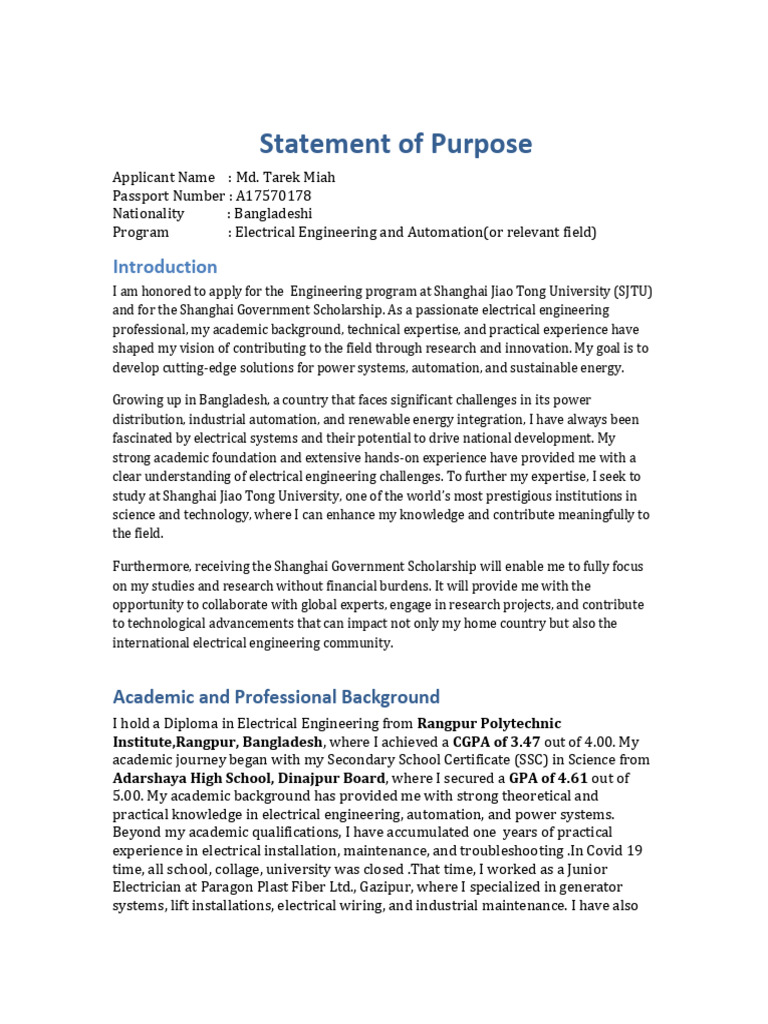 Personal Statement 1100 - Words SJTU | PDF | Electrician | Engineering