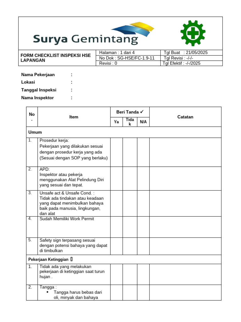Form Inspeksi Hse Lapangan | PDF