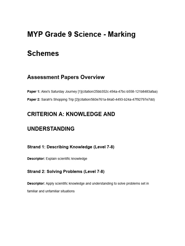 MYP Grade 9 Science - Marking Schemes For Motion & Forces Assessments ...