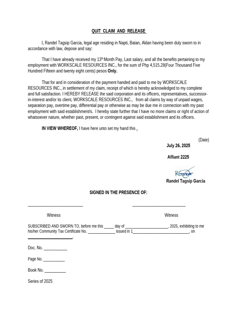 Quit Claim and Release Document | PDF