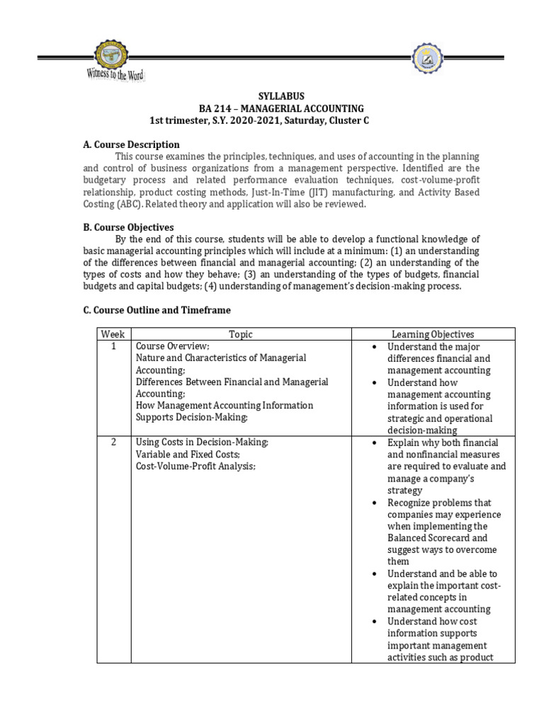 BA 214 Managerial Accounting Syllabus July 2020 | PDF | Cost Accounting ...