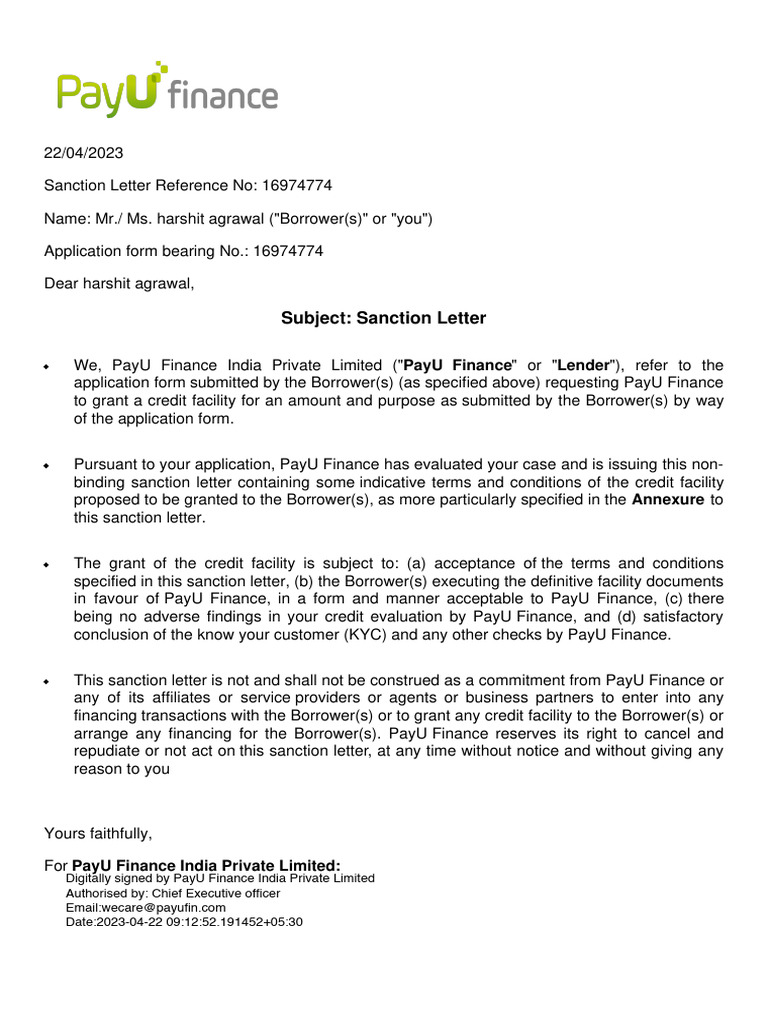 Sanction Letter PS16051964 Mhh21Xf HF5rAhO | PDF | Line Of Credit ...