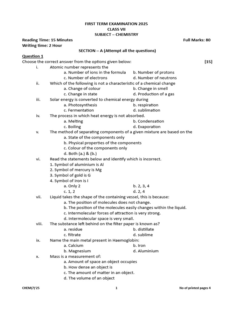 Class VII Chemistry Exam 2025 Guide | PDF | Molecules | Atoms