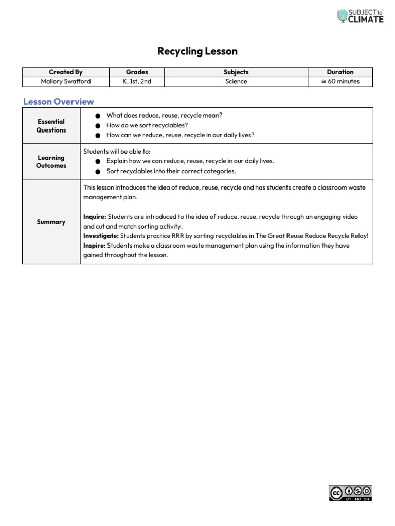 Recycling Lesson (Lesson Plan) | PDF | Recycling | Waste Management