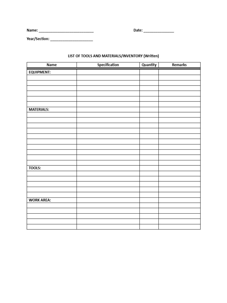Inventory Checklist for Tools and Materials | PDF