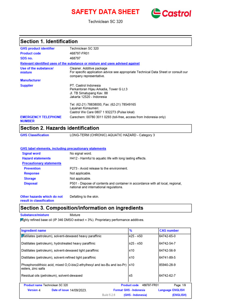 MSDS Castrol Detergen System Cleaner | PDF | Working Conditions | Chemistry