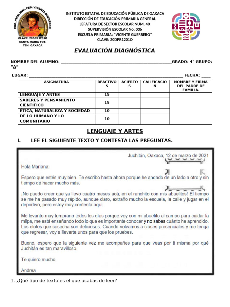 Evaluación Diagnóstica 4° Grado Primaria | PDF